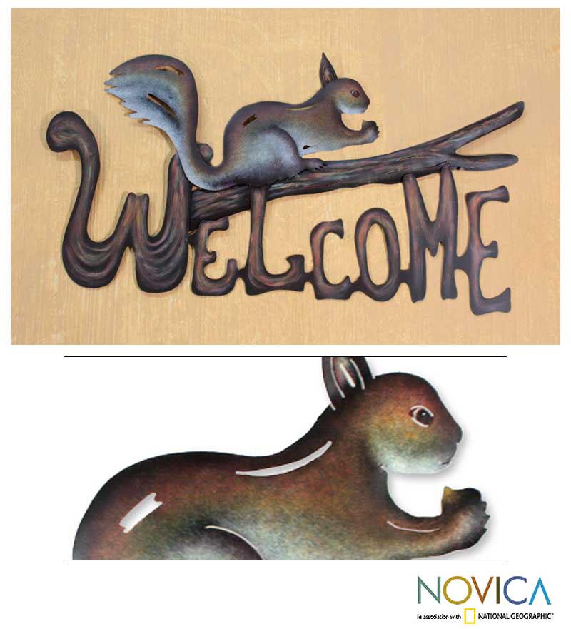 Handmade Steel 'Busy Squirrel' Welcome Sign Sculpture (Mexico) - Bed ...