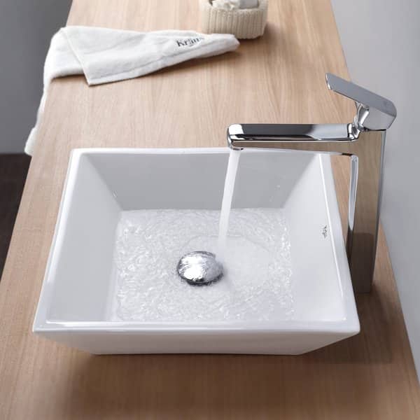 KRAUS Flat Square Ceramic Vessel Sink in White with Virtus Faucet in ...