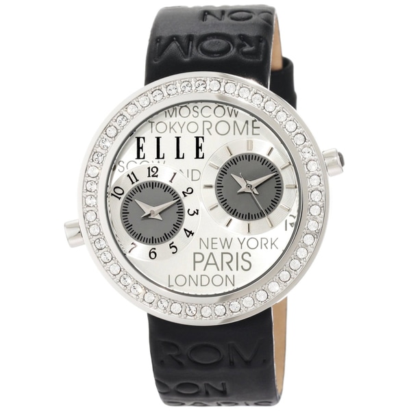Elle Women's Dual-time Black Leather Watch - Free Shipping Today ...