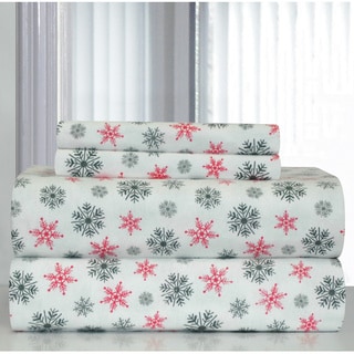 Pointehaven White Snowflakes Printed Heavyweight Flannel Bed Sheet Set ...