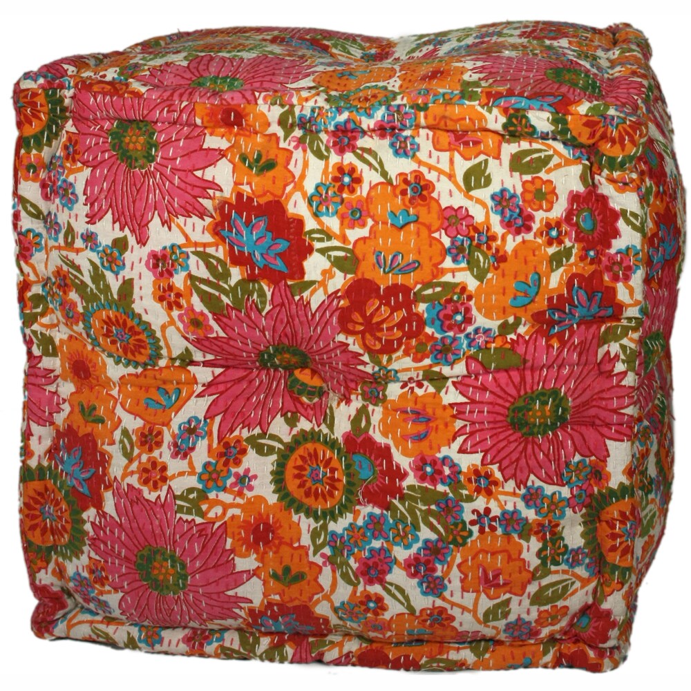 Handmade Casual Living Multicolor-Flower-Motif Cube Pouf - Bed Bath ...