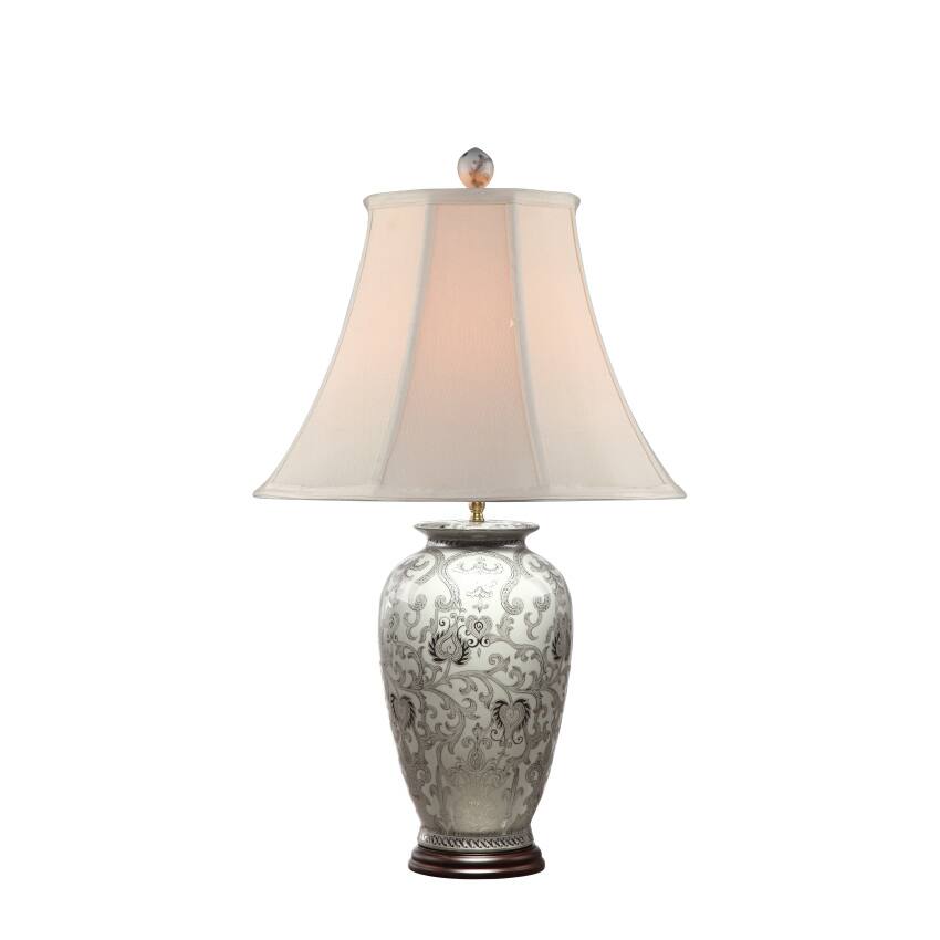 WHITE & SILVER SCROLLS PATTERN ROUND TABLE LAMP - Overstock - 7378082