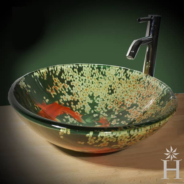 Zen Collection Koi Pond 17-inch Round Glass Vessel Vanity Sink - Bed ...