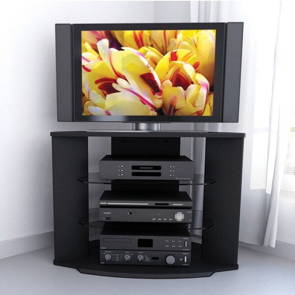 Sonax Rio 35 inch Midnight Black TV Stand with Two Glass Shelves Bed Bath Beyond 7885969