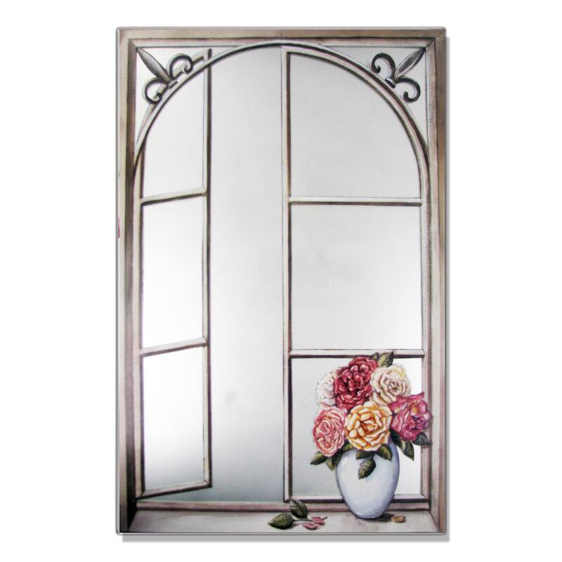 Faux Window Mirror Scen3 with Wrought Iron and Cabbage Rose - Overstock ...