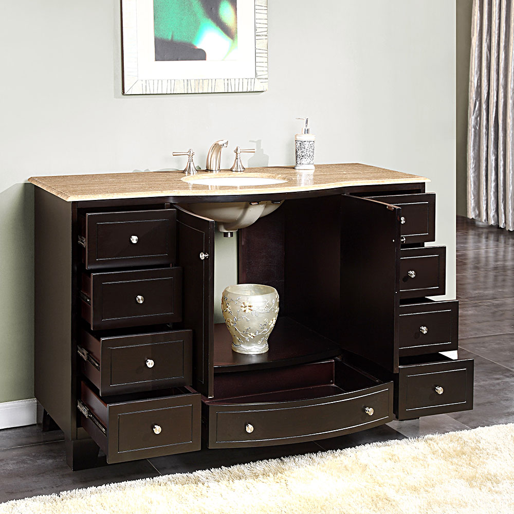 Silkroad Exclusive 55 inch Travertine Stone Top Bathroom Vanity On Sale Bed Bath Beyond 8111066