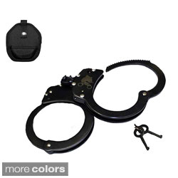 Double-Lock Chained Handcuffs Black Steel Carrying Pu-Leather Case ...