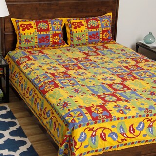 Freesia-Yellow Sanganeri Bedspread + Pillowcases with Printed Flowers ...