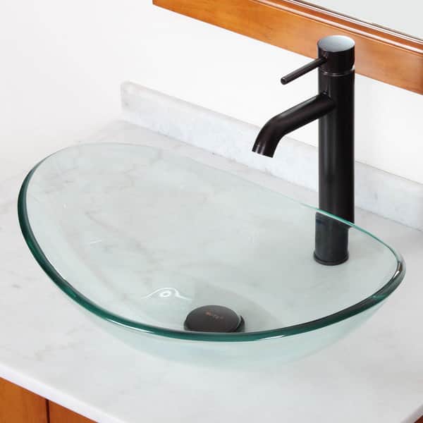 Elite Tempered Bathroom Oval Glass Vessel Sink/ Faucet Combo - - 8410586