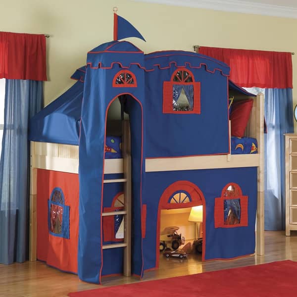 Bolton Low-loft Twin Bed with Castle Tower/ Top Tent/ Bottom Playhouse ...