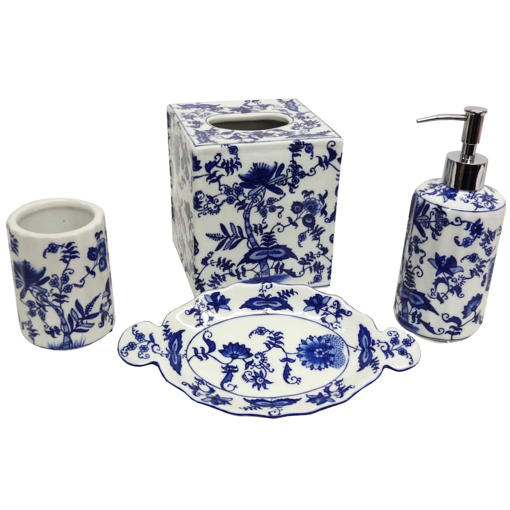 Porcelain Floral Bath Accessory 4-piece Set - Overstock - 8588151