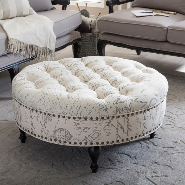 Palfrey Patterned Linen Modern Tufted Ottoman - Overstock - 8670246