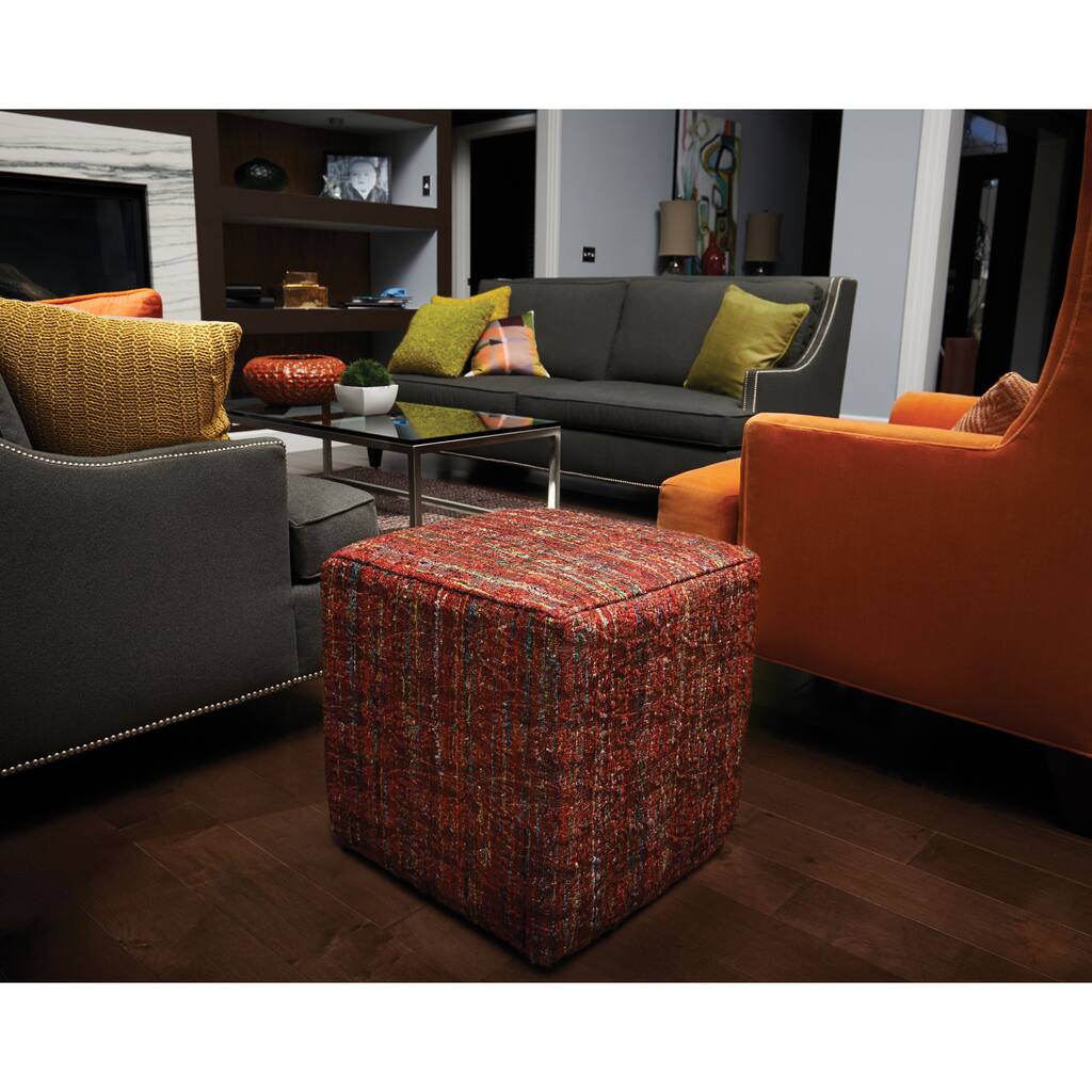 Jani Rusa Ruby Red Sari Pouf 20" Cube Ottoman - Overstock - 8768236