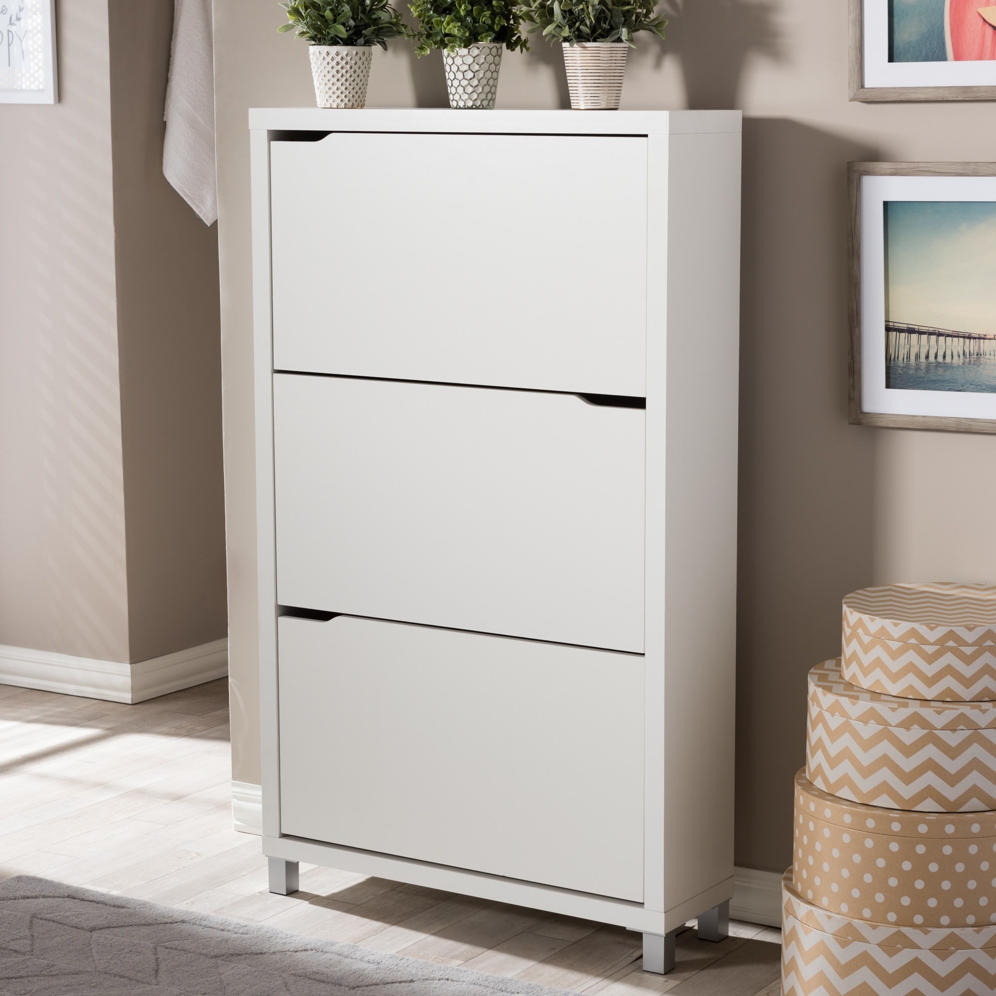 Baxton Studio Simms 3 tier White Wood Modern Shoe Cabinet On Sale Bed Bath Beyond 8777207