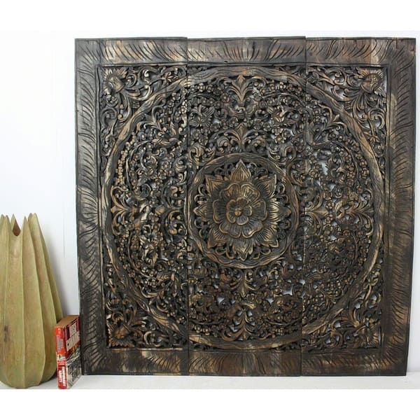 Haussmann® Teak Lotus Panel Inlay 36 in x 36 in Black Stain Wax - Bed ...