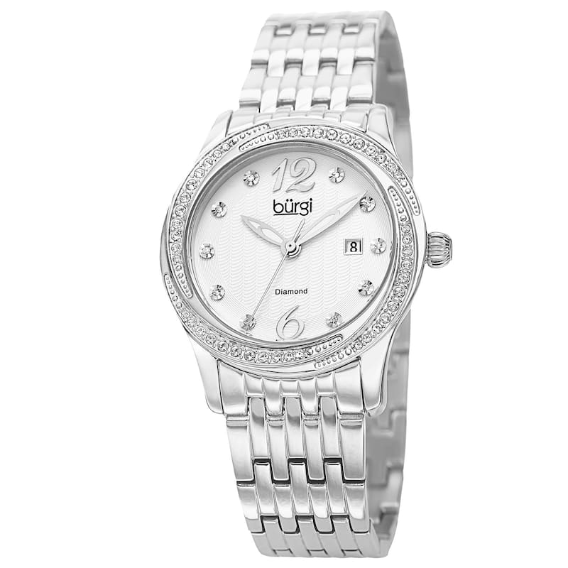 Burgi Women's Quartz Diamond Date Stainless Steel Silver-Tone Bracelet ...