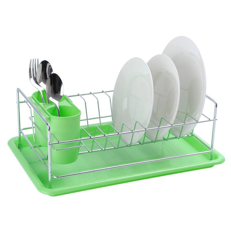 Alpine Cuisine Dish Rack with Utensil Holder and Green Drain Tray ...