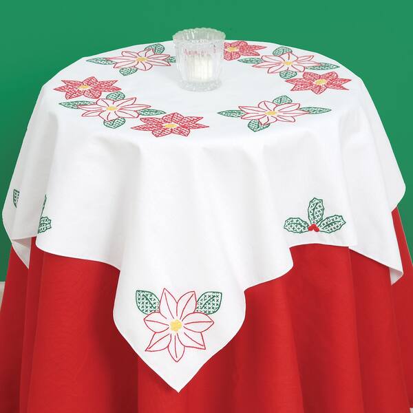 Stamped White Perle Edge Table Topper 35inX35in-Poinsettias - Bed Bath ...