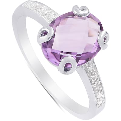 Dolce Giavonna Sterling Silver Amethyst and Diamond Accent Solitaire Ring - Overstock - 9316592