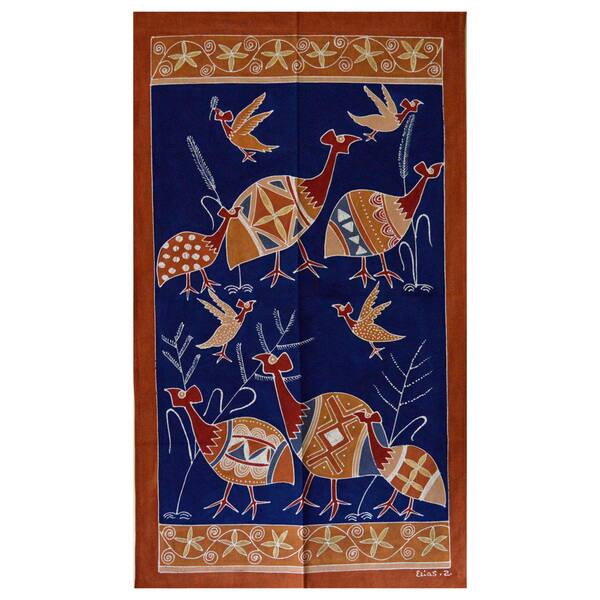 Hand-painted Dark Blue and Brown 'Guinea Fowls' African Tapestry ...