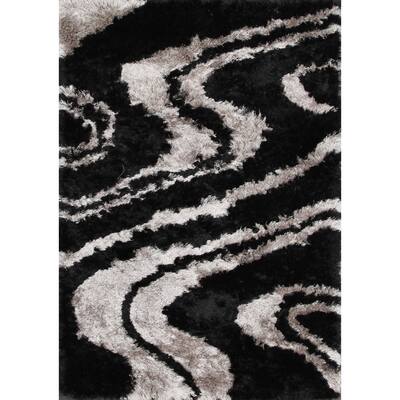 Black and Grey Waves Rich Shag Rug - Overstock - 9363191