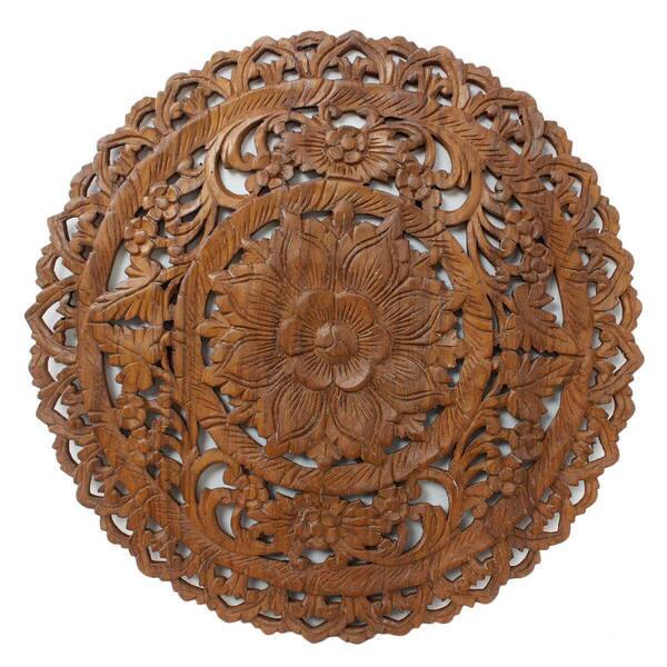 Haussmann® Teak Lotus Panel Inlay Round 60 cm H Brown Stain Wax - Bed ...