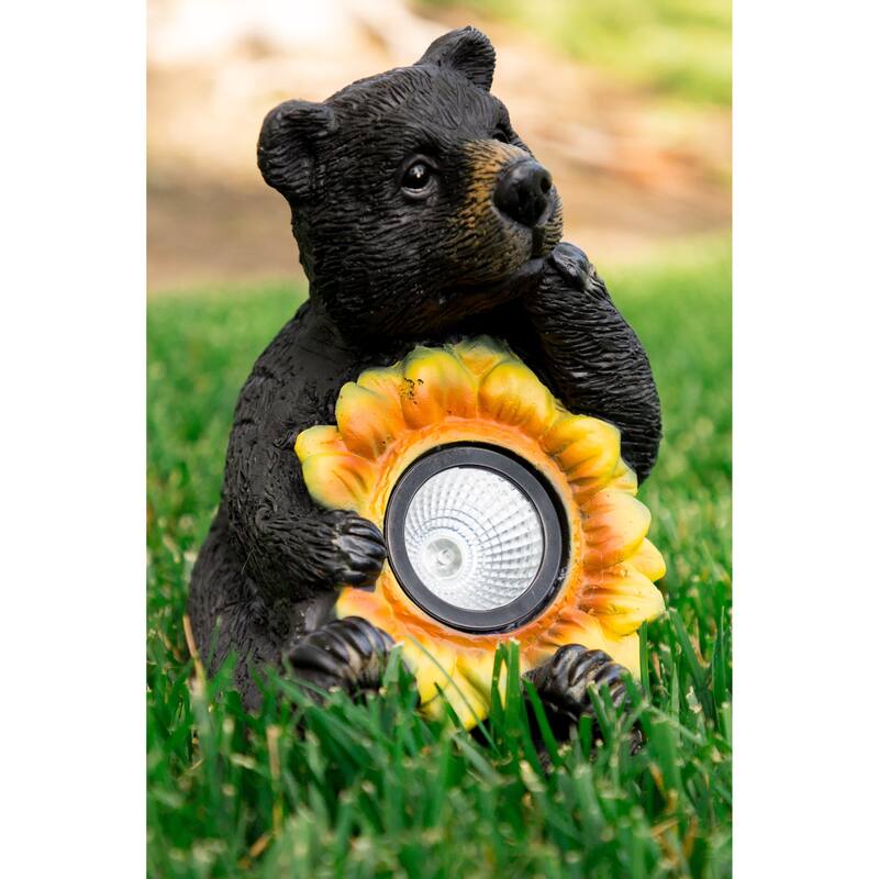 Solar Powered Black Bear with Sunflower Statue - Overstock - 9540378