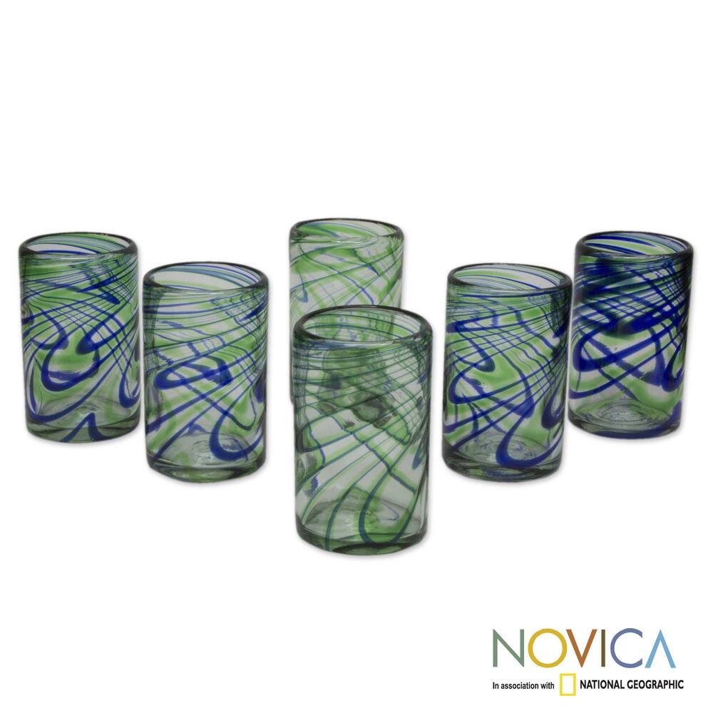 NOVICA Artisan Handblown Glass Tumblers in Blue and Green Swirl ...
