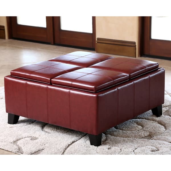 Abbyson Vincent Red Leather Square Ottoman with 4 Trays - Bed Bath ...