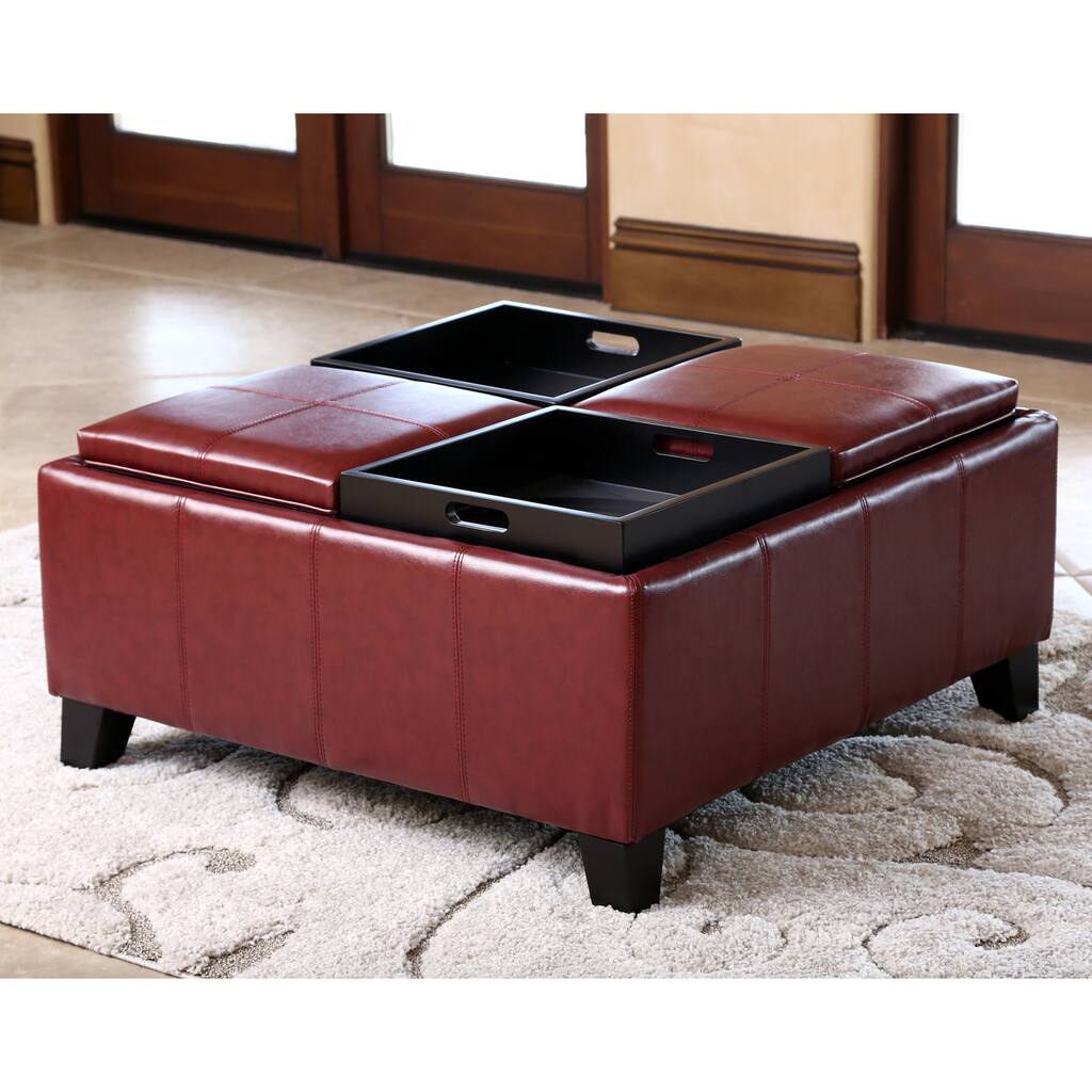 Abbyson Vincent Red Leather Square Ottoman with 4 Trays - Overstock ...