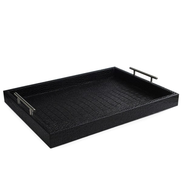 Black Leather Alligator Tray with Handles - Bed Bath & Beyond - 9621346