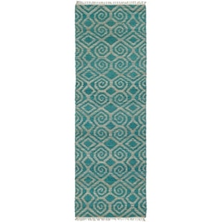 Handmade Natural Fiber Cayon Teal Diamonds Rug (2'6 x 8'0) - 2'6" x 8 ...