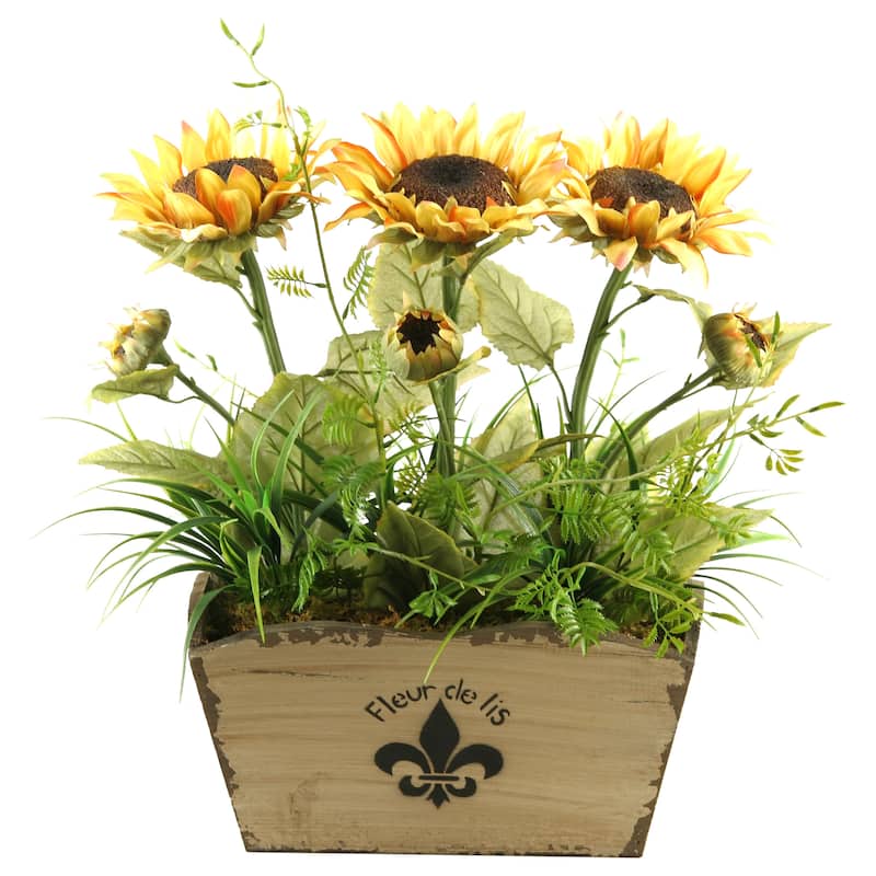 D&W Silks Sunflowers in Rectangle Flared Fleur De Lis Planter - Yellow ...