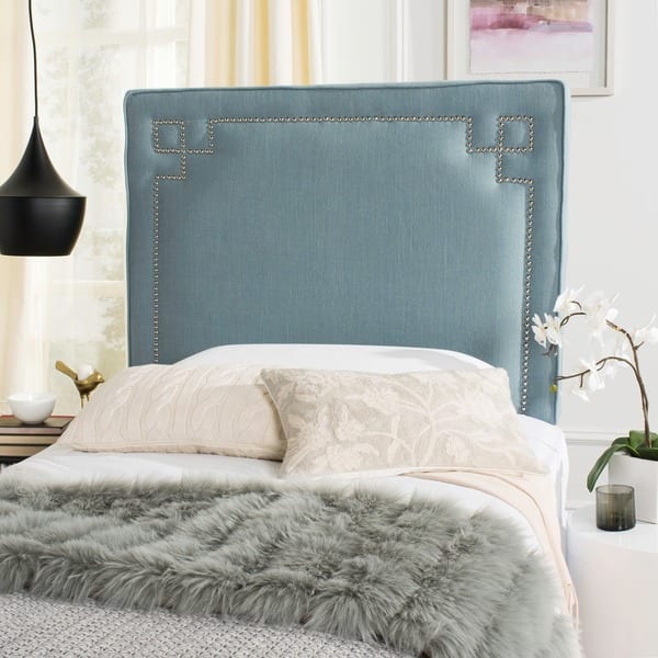 SAFAVIEH Remington Sky Blue Linen Blend Upholstered Greek Key Headboard ...