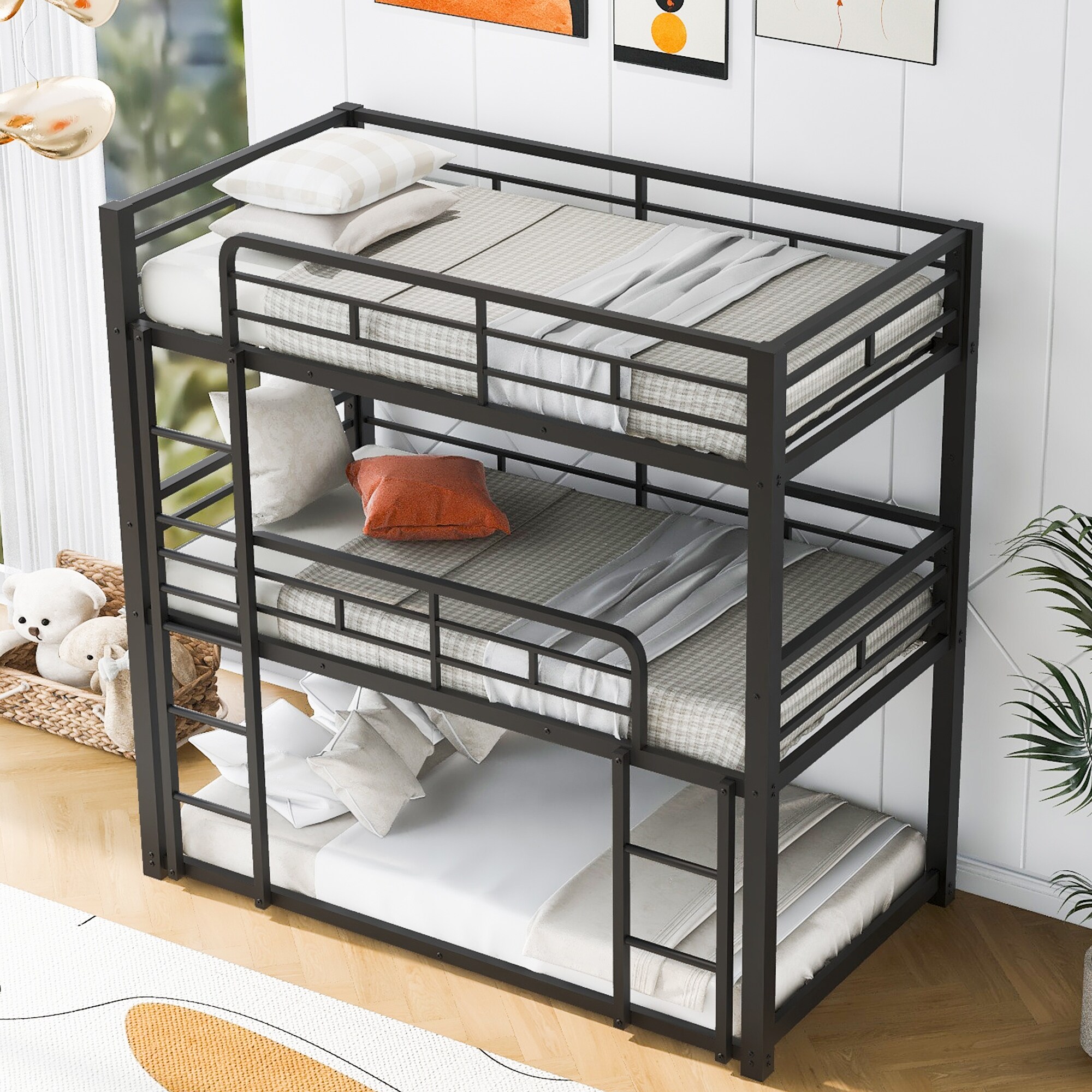 Twin Heavy Duty Triple Bunk Bed Metal 3 Bunk Bed with 2 Ladder Guardrail Twin Triple Bunk Bed for Kids Teens Adults Black On Sale Bed Bath Beyond 41706167