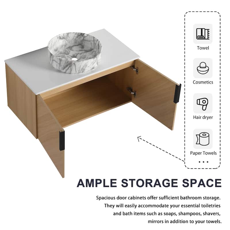 30"/36" Plywood Water-Resistant Wall-Mounted Bathroom Vanity with ...