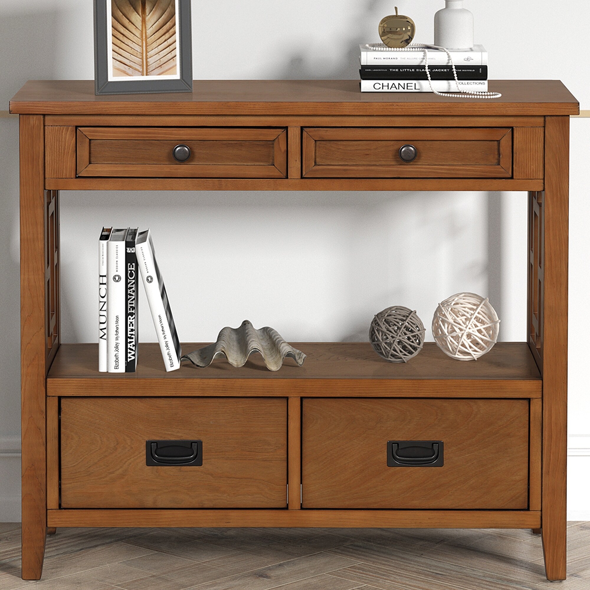 39 Farmhouse Pine Wood Console Table with 4 Drawers 1 Open Storage Shelf Sofa Table for Entryway Living Room Bedroom