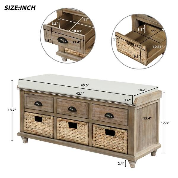 Rustic Entryway Storage Bench with 3 Drawers and 3 Rattan Baskets - Bed ...