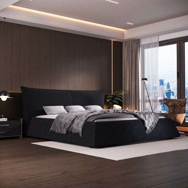 King Size Platform Bed Frame Upholstered King Platform Bed with Special Shaped Velvet Headboard Metal Solid Wood Frame Cream Bed Bath Beyond 41481614