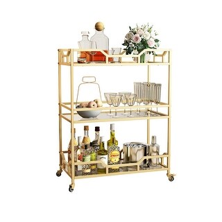 Square Gold Bar Carts with 3 Tier Storage Shelves Wine Glass Holder ...