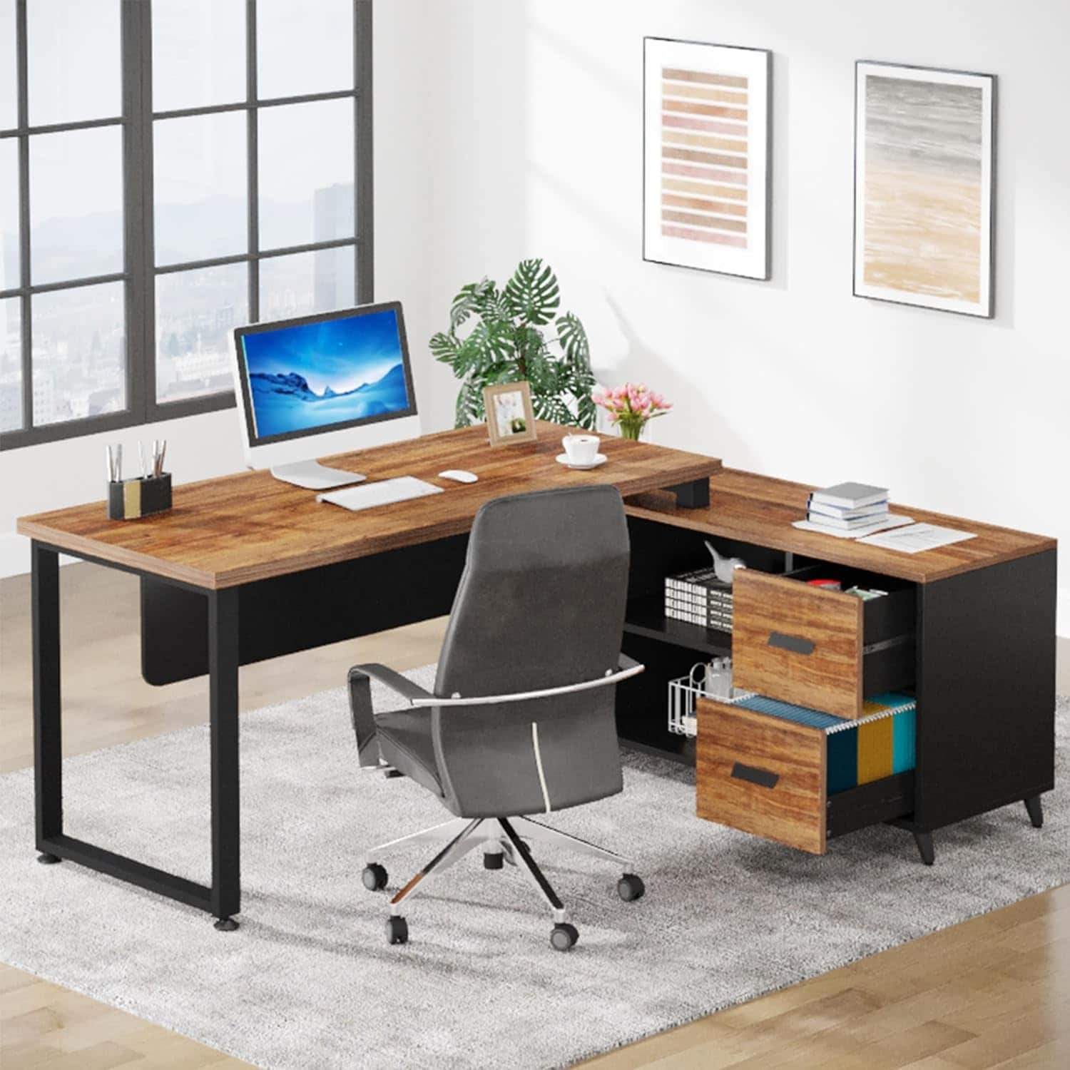 L Shaped Executive Desk with File Drawers for Home Office - Bed Bath ...