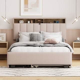 Upholstered Bed w/ Storage Headboard & Sockets, Trundle, 2 Drawers ...