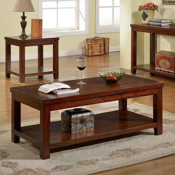 Rectangle Coffee Table Dark Cherry Open Shelf Natural Wood Grain Design ...