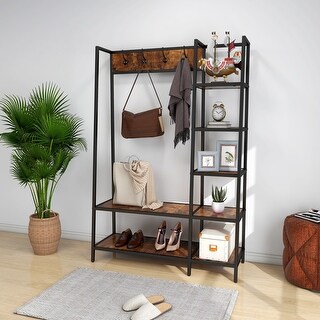 Wood Hall Tree with Shoe Storage Bench and Free Stand Clothes Hat Rack ...