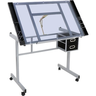 Adjustable Tempered Glass Drafting Table with Storage Drawers and ...