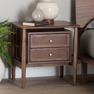 Alyssa Japandi Walnut Brown Wood 2-Drawer Nightstand Woven with Rattan ...