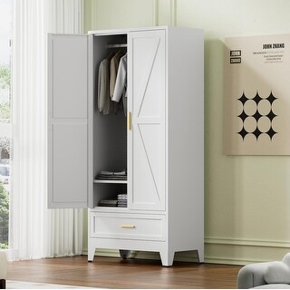 Farmhouse Style Metal Wardrobe with Barn Doors, Adjustable Shelves ...