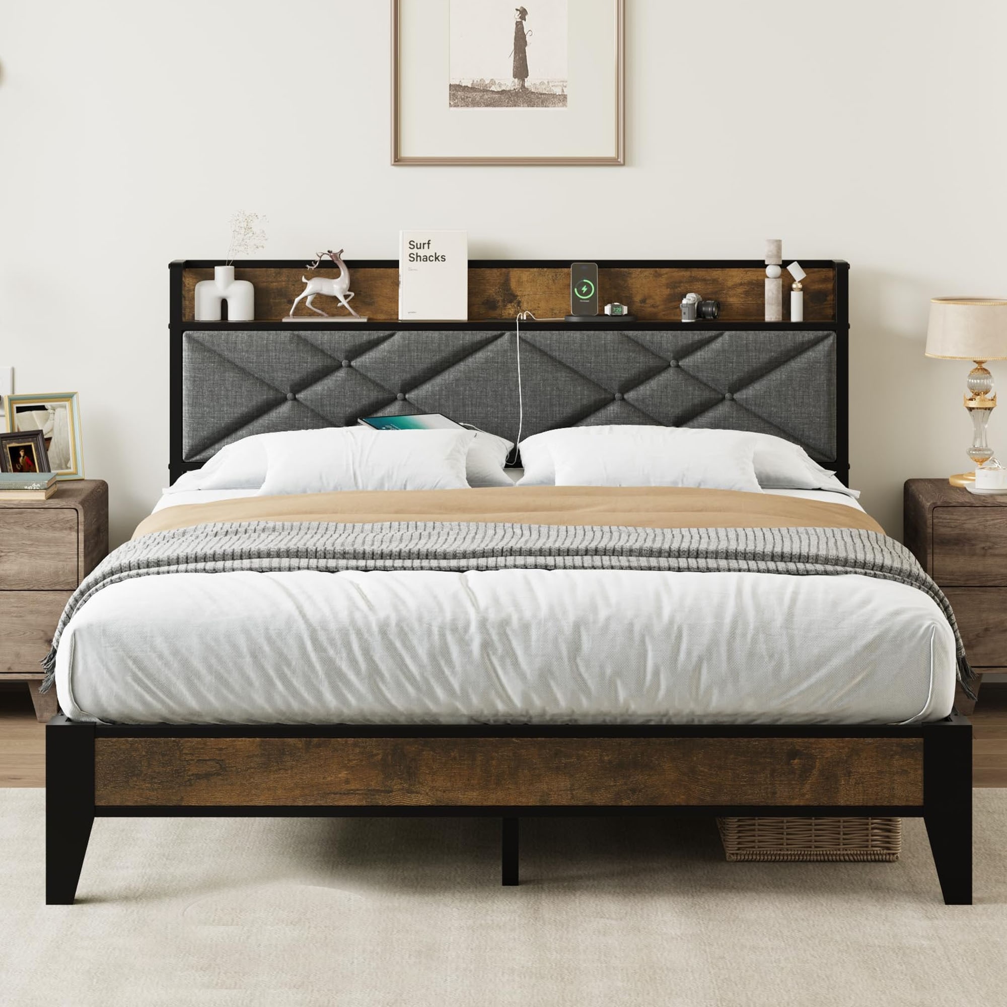 VECELO Queen Bed Frames Storage Upholstered Headboard with Charging ...