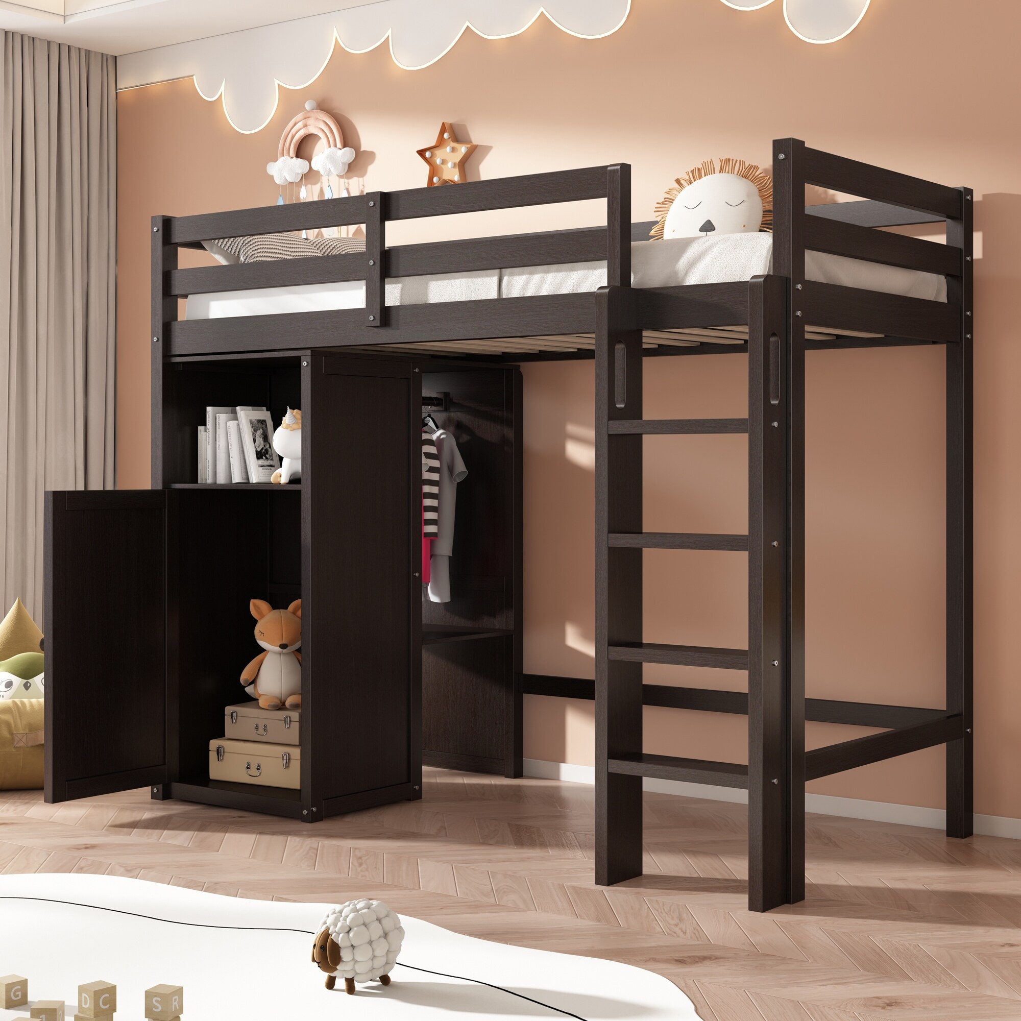 Wood Twin Loft Bed with Wardrobe Storage Cabinet Shelf and Ladder High Loft Bed Frame with Guardrails for Kids Teens Boys Girls Bed Bath Beyond 40915813