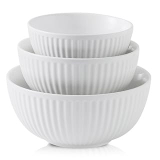 Ceramic Mixing Bowls of 3, Large Ribbed Nesting White Bowls 1.5/1/0.5 ...